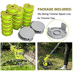 AC80RL3 String Trimmer Replacement Spool Compatible with Ryobi One Plus+ 18v 24v 40v Auto-Feed Cordless Trimmers, 11ft 0.08inch Spool Refills for Ryobi Weed Wacker String (16 Spools, 4 Caps)