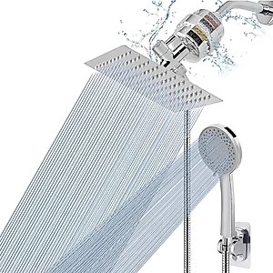 NearMoon Filtered Shower Head, High Pressure 8″Square, 5 settings Handheld Rain Shower Filter Combo with Self-adhesive Holder/1.5M Hose -1 Replaceable Filter Cartridge (Chrome Finish)