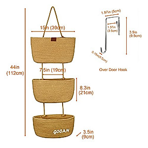 GOCAN Hanging Storage Baskets Over the Door Hanging Basket, 3-Tier Cotton Rope Woven Hanging Organizer, Detachable Decorative Hanging Baskets for Wall Living Room, Bathroom and Bedroom(Jute)