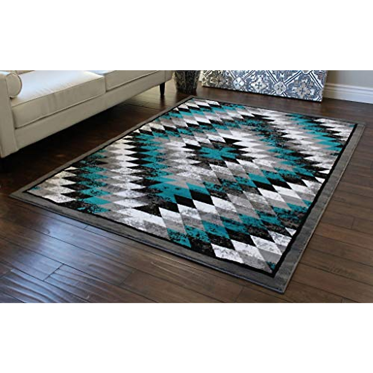 Masada Rugs, Stephanie Collection Area Rug Southwest Native American Distressed Design 1106 Turquoise Grey White Black (4 Feet X 5 Feet)