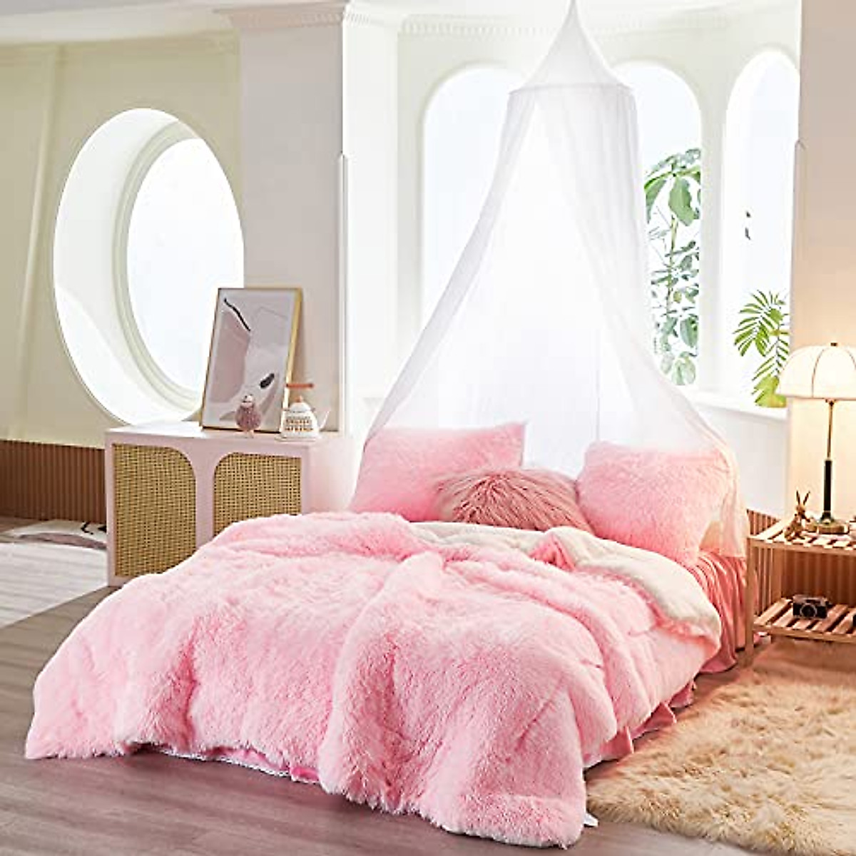 Luxury Faux Fur Shaggy Comforter Set King Size, Plush & Sherpa Reversible Comforter Pink, 3 Pieces Fluffy Fuzzy Bedding Set Ultra Soft and Warm for Winter (1 Comforter + 2 Pillowcases)