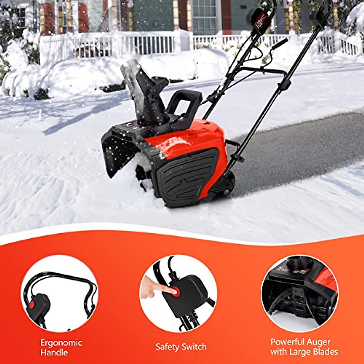 Safstar Snow Blower, Electric Snow Thrower with 180° Chute Rotation & 2 Transport Wheels, 10” Clearing Depth & 18” Width, Power Snow Blower w/30 Feet Throwing Distance, 720Lbs /Minute (Red)