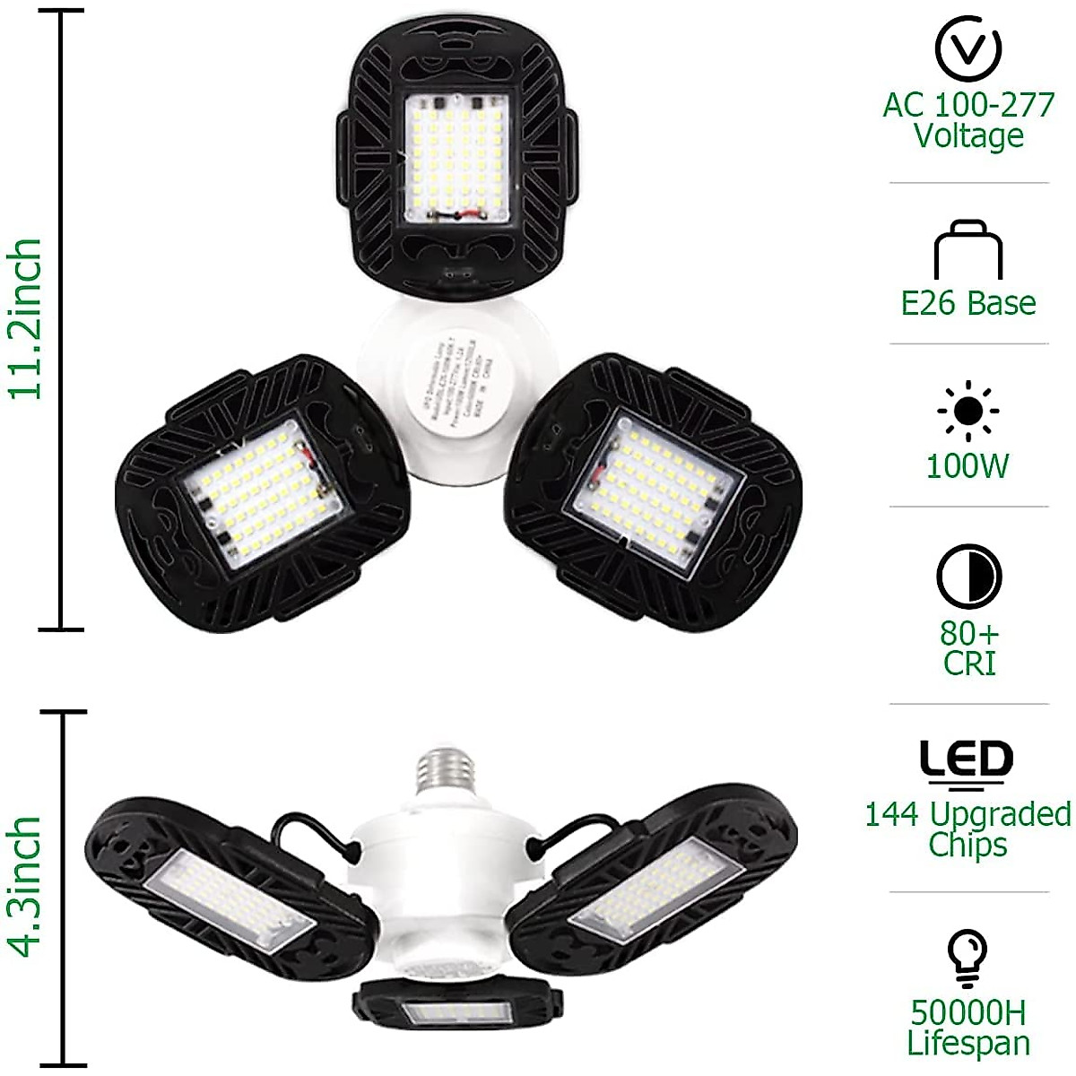OOOLED 2 Pack LED Garage Lights, 80W LED Garage Lighting, Deformable LED Garage Lights Supporting E26 Screw Socket, 9600LM 6500K Super Bright White, LED Lights for Garage, Workshop, Basement