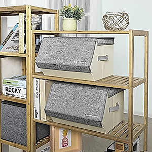 SONGMICS Stackable Storage Bins, Fabric Storage Boxes with Lids, Stackable Storage Cubes with Magnetic Closures, a Semi-Open Front, Lid Can Stay Open after Stacked up, Set of 2, Gray URLB02GE