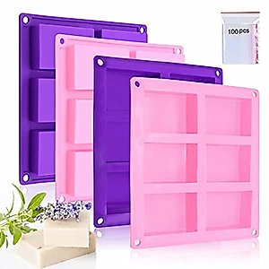 Bangp 4 Pack Silicone Soap Molds,6 Cavities Handmade Soap Making Molds,Silicone Cake Bread Baking Molds for DIY Crafts,Soap Molds for Soap Making,with 100pcs 3.5x5 inches Bags
