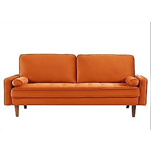 US Pride Furniture Velvet Tufted Sofa, Iconic Mid-Century Style Living Room Furniture with Contemporary Silhouette, Button Tufting and Wood Legs, Includes 2 Bolster Pillows, Couch, Orange