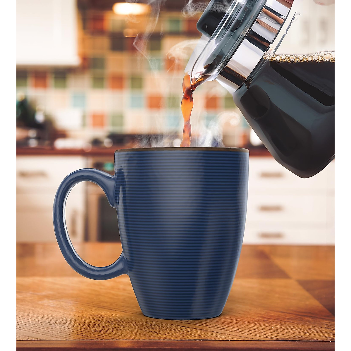 Francois et Mimi Set of 6 12oz Designer Ribbed Style Colorful Ceramic Coffee Mugs, Coffee Cups Gift Set for Coffee, Tea, Cocoa and More. Dishwasher and Microwave Safe.