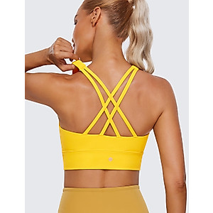 CRZ YOGA Womens Butterluxe Strappy High Neck Longline Sports Bra - Wireless Criss Cross Back Padded Workout Cropped Top High Visibility Yellow Medium
