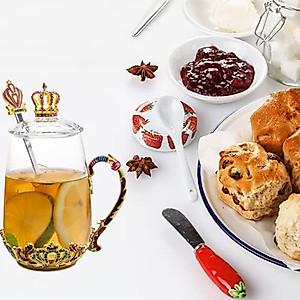 Youeon 12 Oz Enamel Glass Tea Cup with Lid and Spoon, Fancy Tea Cup with Crown, Clear Glass Cup with Gift Box, Handmade Glass Coffee Mug for Women, Girls, Birthday, Mother's Day, Valentines Day