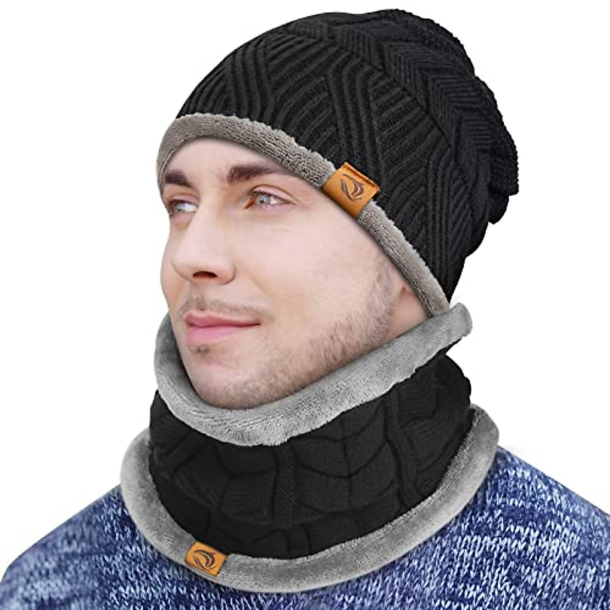 URECOVER Winter Beanie Scarf for Men - Black Slouchy Knit Fleece Cap for Women, Toboggan Hat Christmas Stocking Stuffers Birthday Gifts for Teens Unisex Adults