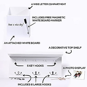 Mail & Key Organizer Wall Mount - With Key Hooks Mail Organizer Holder White Board and Photo Station. Organize and Sort Keys, Letters, and your Agenda with a Wood mounted hanging shelf (White)