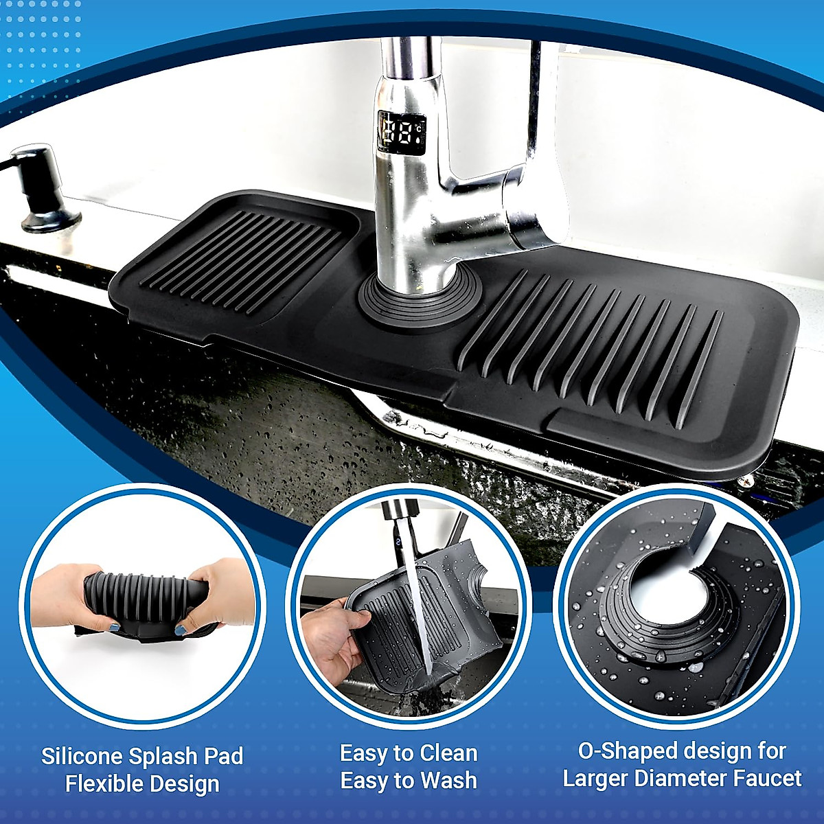 Draining Mat for Kitchen Sink, 14.5 x 5.5 Inches With 5° Slope Silicone Splash Guard, Protects Sinks from Splashing, Dish Soap Dispenser & Sponge Holder Mat Behind Faucet