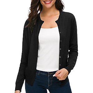 Urban CoCo Women's Long Sleeve Crew Neck Button Down Knit Cardigan Sweater (S, Black)