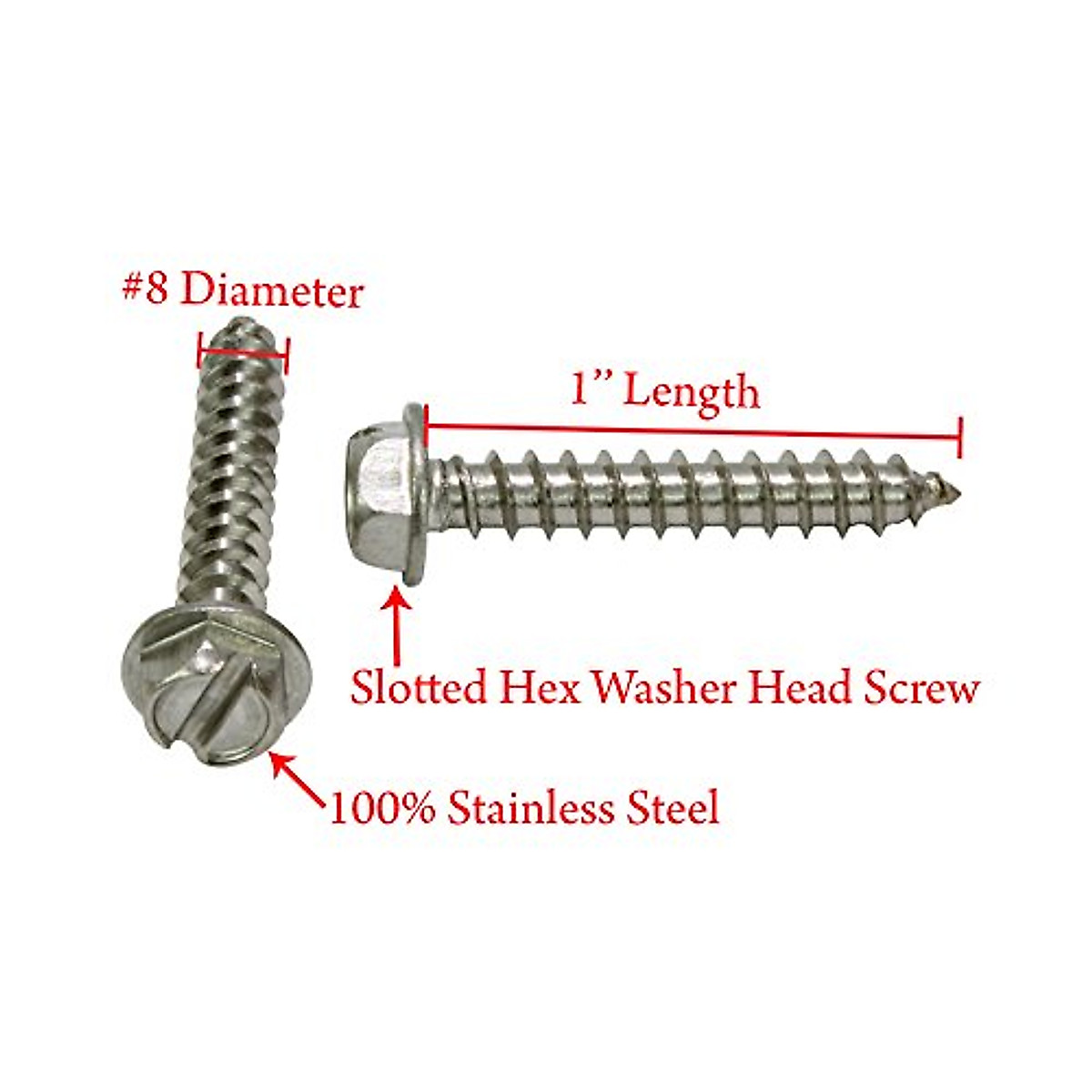 Bolt Dropper No 8 X 1 Stainless Slotted Hex Washer Head, (100 pc), 18-8 (304) Commercial Grade Corrosion Resistant Stainless Steel Screws Choose Size