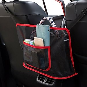 GKmow 2 PCS Car Storage Mesh Pocket Between Two Seats, Hanging Car Storage Organizer, Rear Seat Pet Child Mesh Barrier, Universal Mesh Storage Bag for Most Cars (Red #Upgrade Model)