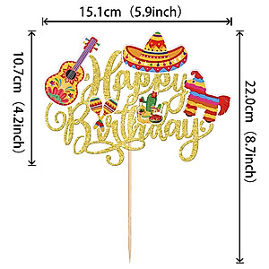 1 Pack Happy Birthday Fiesta Cake Topper Guitar Cactus Donkey Rackets Pepper Cake Pick for Mexican Fiesta Theme Baby Shower Birthday Party Cake Decorations Supplies Gold