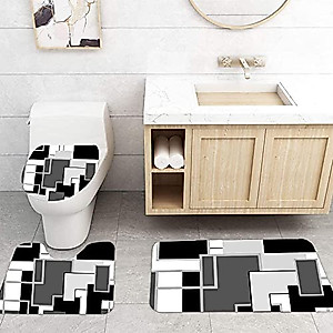 mamrug 4pcs Black Bathroom Shower Curtain Set,Modern Geometric with Non-Slip Rugs,U Shape Rug and Toilet Lid Cover Accessories,with 12 Hooks Waterproof Shower Curtains 72"x 72" Bathroom Decor