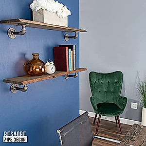 PIPE DECOR 36” Boulder Black Live Edge Wood Shelf with Industrial L-Shaped Pipe Brackets (2-Pack)