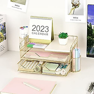 gianotter 3 Tier Desk Drawer Organizer, Office Desk Organizers and Accessories with 2 Pen Holder, Desk Accessories & Workspace Organizers for Home Office Supplies (Gold)