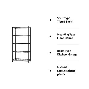 14" D×36" W×72" H Wire Shelving Unit Commercial Metal Shelf with 5 Tier Adjustable Layer Rack Strong Steel for Restaurant , Pantry, Kitchen Garage，Black