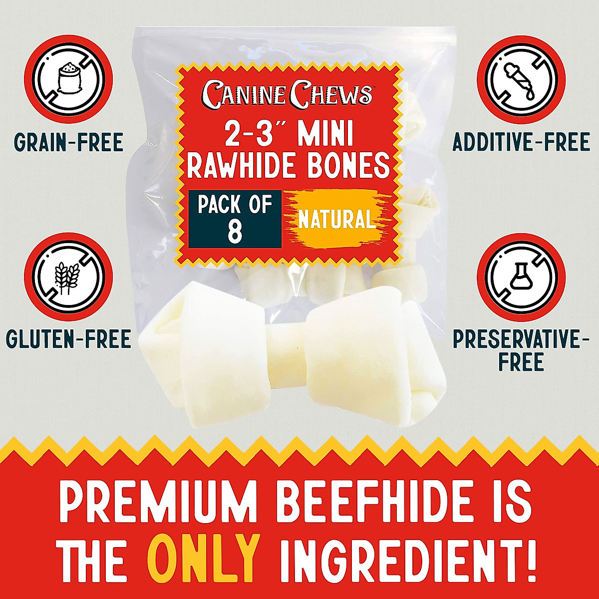 Canine Chews 2-3" Mini Knotted Rawhide Dog Bones for Small Dogs Natural Dog Treat Chew (8 Pack)