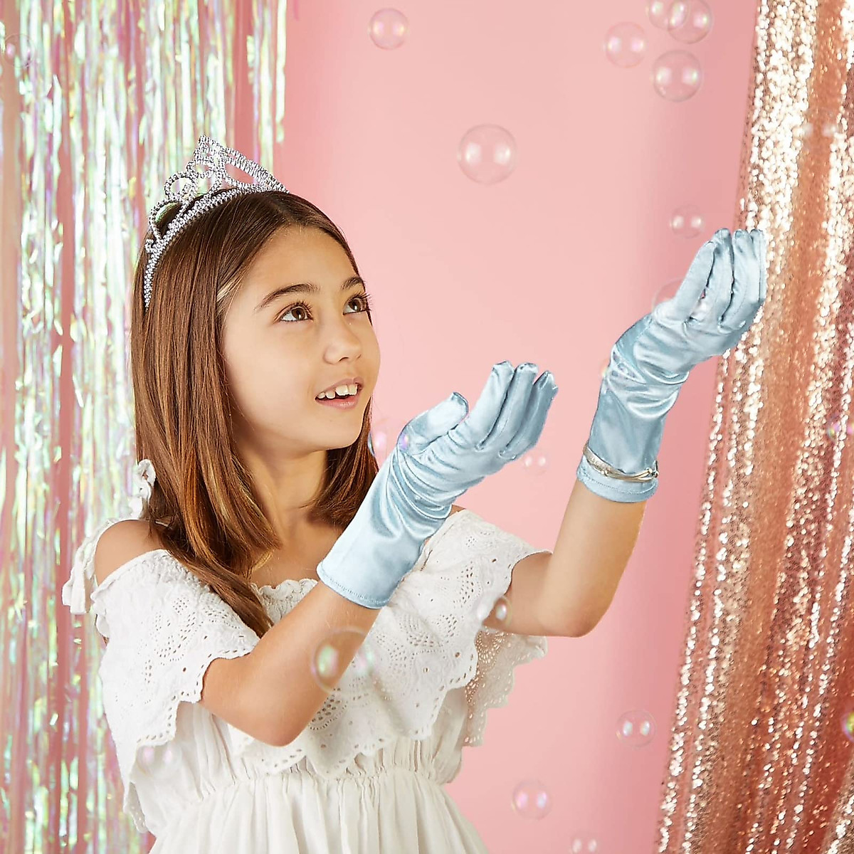 Juvale 4 Pairs of Satin Princess Gloves For Little Girls Dress Up Costumes, Tea Party, Birthday, Wedding, Pageant (4 Colors)