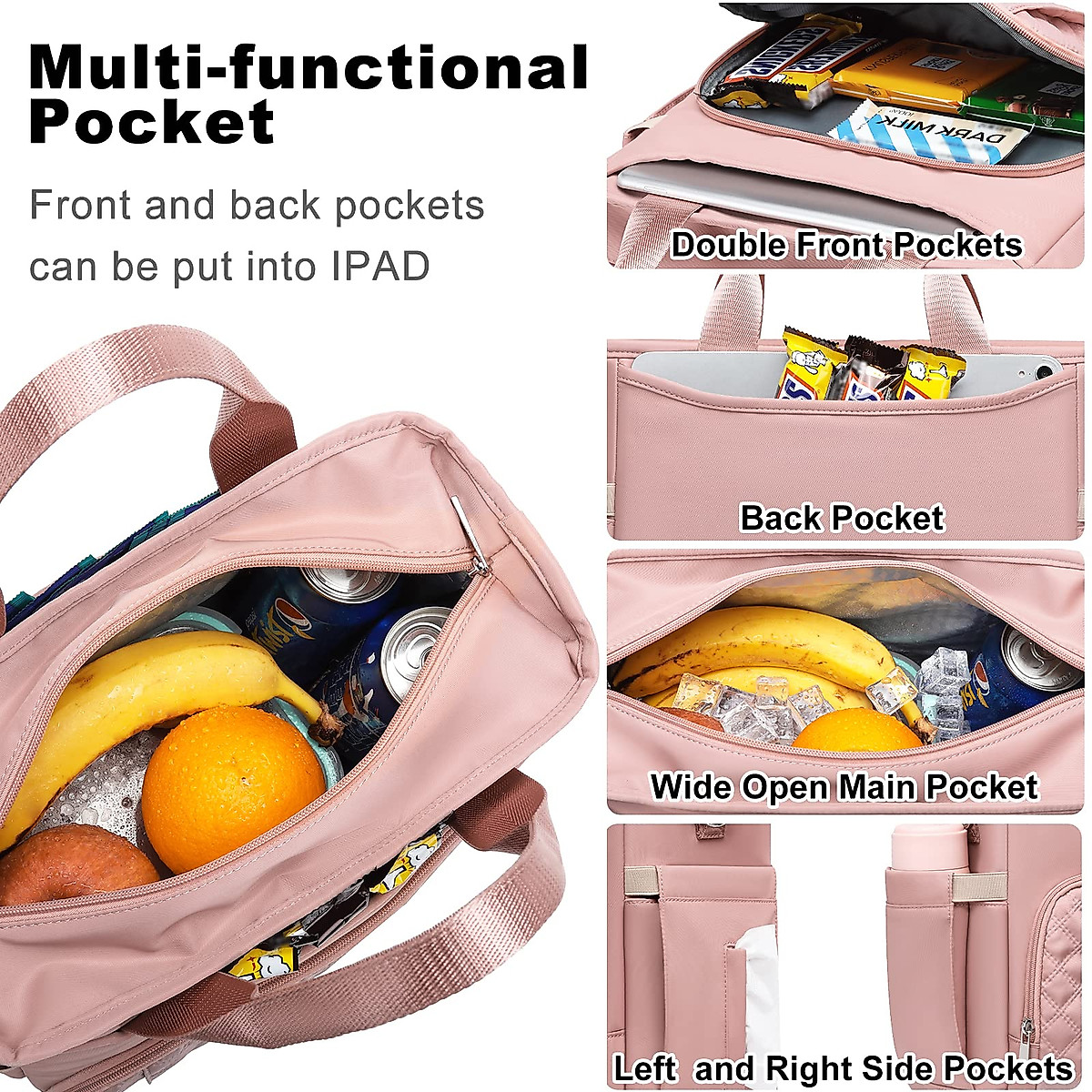 AIJIEKE Lunch Bag for Women, Insulated Lunch Box Tote Bag for Work, Extra Large Wide Open Leak Proof Cooler Bag with Shoulder Strap & Side Pockets for Picnic Hiking Beach, Pink