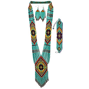 Weavish Native American Style beaded necklace for women Boho Statement Designer Jewelry Handmade Seed bead Long with earrings and Bracele (Turquoise)