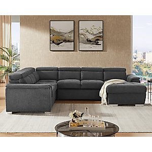 THSUPER 125'' U Shaped Sectional Sleeper Sofa with Pull Out Bed, Storage Chaise Lounge, and Adjustable Headrest, U Shaped Sectional Couches for Living Room - Dark Grey