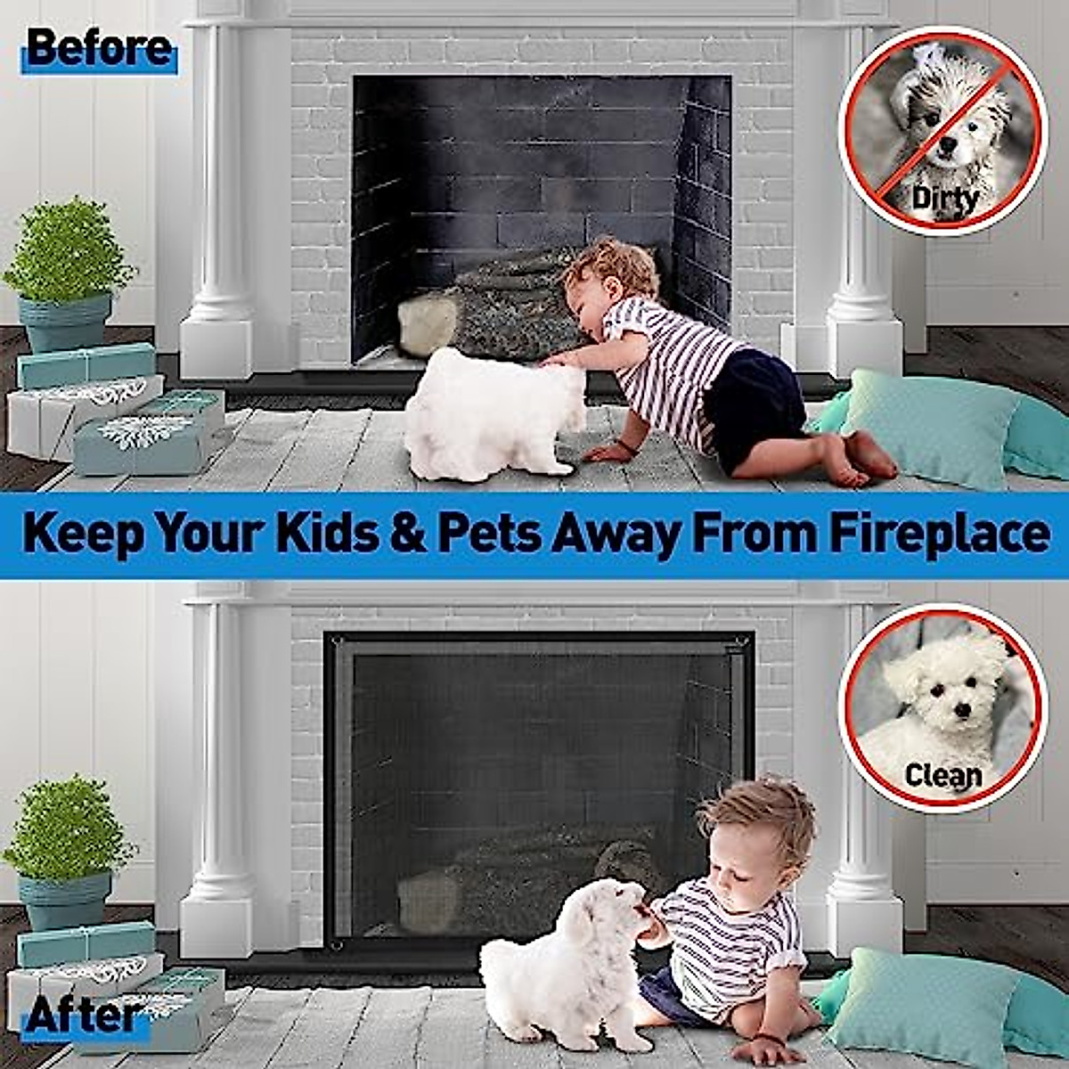 HOMWMPA Fireplace Screen, Mesh Fireplace Cover, Baby Proof to Prevent Baby and Pet Near Idle Fireplace, Fireplace Safe Mesh, 45" W x 34" H