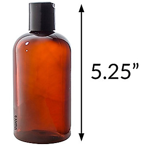 JUVITUS 8 oz Amber Boston Round PET Plastic Bottles (BPA Free) with (12 pack) (Black Disc Cap)