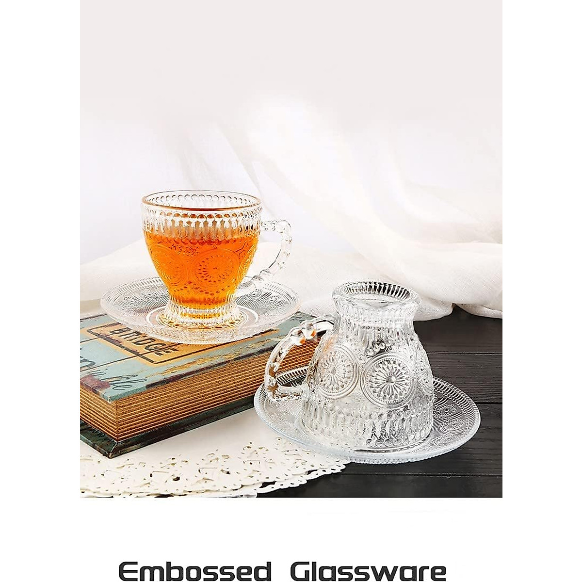 cosnou Vintage Glass Tea Cups with Saucers, Glass Mugs 7 Oz Set of 6 Espresso Coffee Embossed Glassware with Handle, for Cappuccino, Latte, Cereal, Yogurt, Beverage Hot/Cold, Milk…