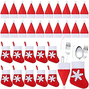 60 Pcs Christmas Santa Hats Silverware Holders Socks Snowflake Tableware Holders Christmas Table Decorations Flatware Organizers for Xmas Table Dinnerware Party Supplies