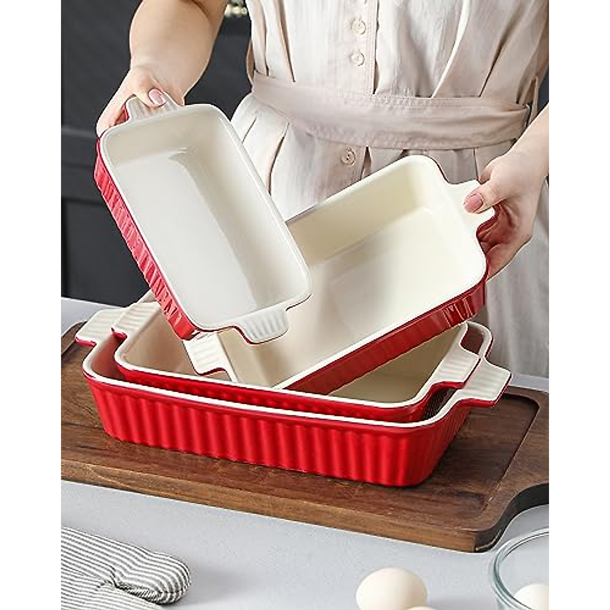 MALACASA Casserole Dishes for Oven, Porcelain Baking Dishes, Ceramic Bakeware Sets of 4, Rectangular Lasagna Pans Deep with Handles for Baking Cake Kitchen, Red (9.4"/11.1"/12.2"/14.7"), Series BAKE.BAKE