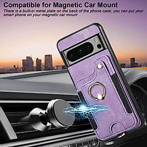 JanCalm for Pixel 8 Pro Case,Card Holder Wallet for Google Pixel 8 Pro Case,Ring Stand,RFID-Blocking,Wrist Strap,Camera Protector,Leather Protective Magnetic Flip Cover (Purple, 8 Pro 6.7 Inches)