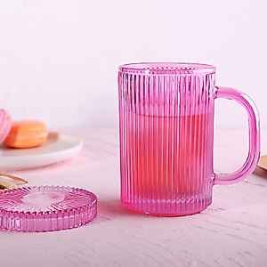 G Meridian Glass Coffee Mug with Lid 11.3 oz with Lid can be usded as Coaster for Latte Chocolate Americano Milk Oats Yoghurt Iridescent Dark Pink