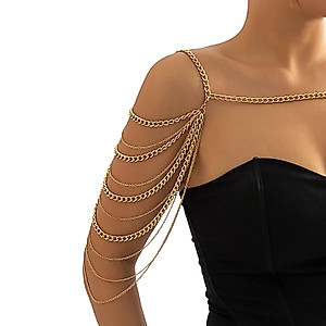 Summer Beach Punk Shoulder Body Chain Multi-Layered Back Chain Bikini Metal Tassel Arm Chain Statement Bridal Wedding Backdrop Necklace Body Chain Jewelry for Women