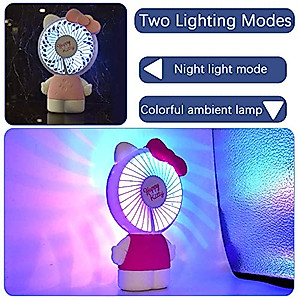 Portable Personal Small Desk Fan, Mini fans USB Battery operated Cute Kitty Cat Design, With Small Night Light And LED Colorful Atmosphere Light (Pink)