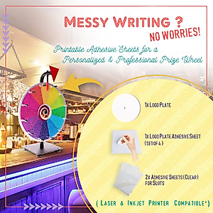 Prize Wheel Spinner Board Game - 12" Spin Wheel for Prizes with Stand, Slots 12, 6, 4 Color & White Spinning Wheels, Custom Logo Personalize Printable Self Adhesive Sheets, Dry Erase Pen, Eraser, Bag