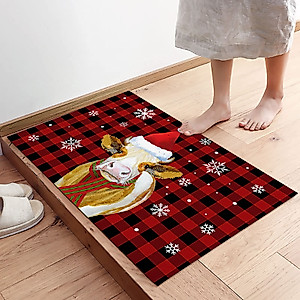 Arts Print Kitchen Rug Mat Set of 2,Farm Cow with Christmas Hat and Scarf Red and Black Buffalo Plaid Runner Rug,Non-Slip Durable Kitchen Floor Mat for Sink,15.7x23.6Inch+15.7x47.2Inch