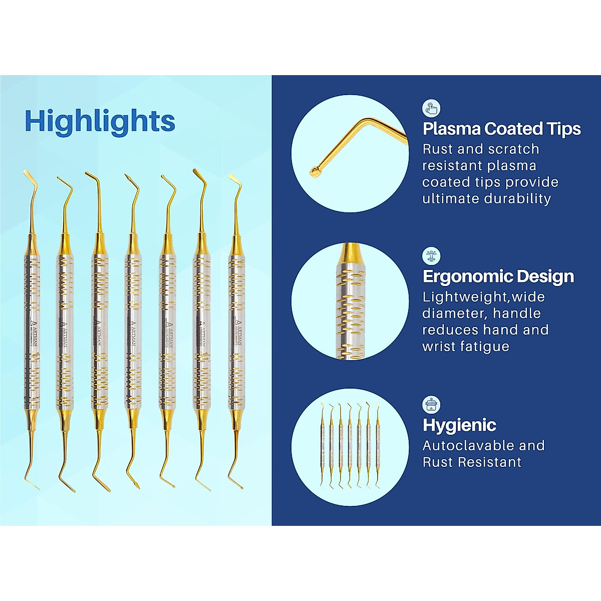 Dental Composite Glass Ionomer Amalgam Filling Instruments Kit (7 Golden Plasma Coated pcs) by Artman instruments