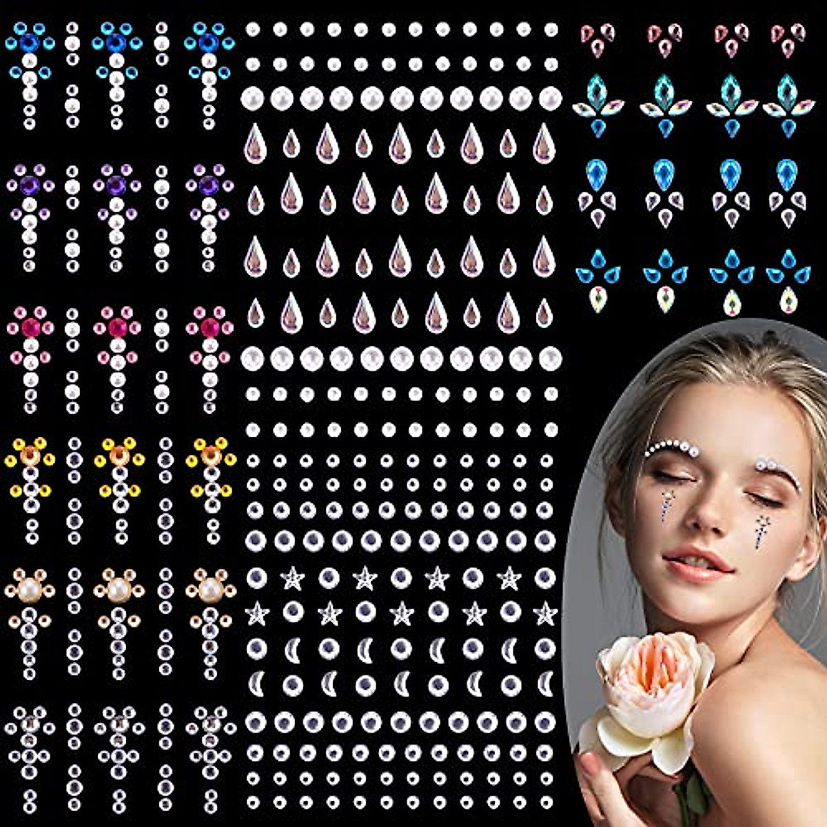 SIQUK 17 Sheet Face Sticker Jewels Eyes Jewel Set with 12 Sheet Mermaid Face Jewels Glitter Face Gems Rhinestone Face Crystal and 5 Sheet Eye Face Body Gems Crystal Tears Jewel for Festival Party