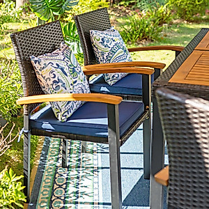 Sophia & William Outdoor Patio Dining Set Furniture 7 Pieces with 6 Stackable Cushioned Rattan Wicker Chairs and Rectangular Acacia Wood Table for Backyard Deck Garden Lawn Porch Poolside