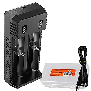 Nitecore UI2 Dual-Slot Intelligent Lithium-ion Battery USB Charger for 18650, 18350, 20700, 21700, 14500, 16340 and More, and LumenTac Battery Organizer