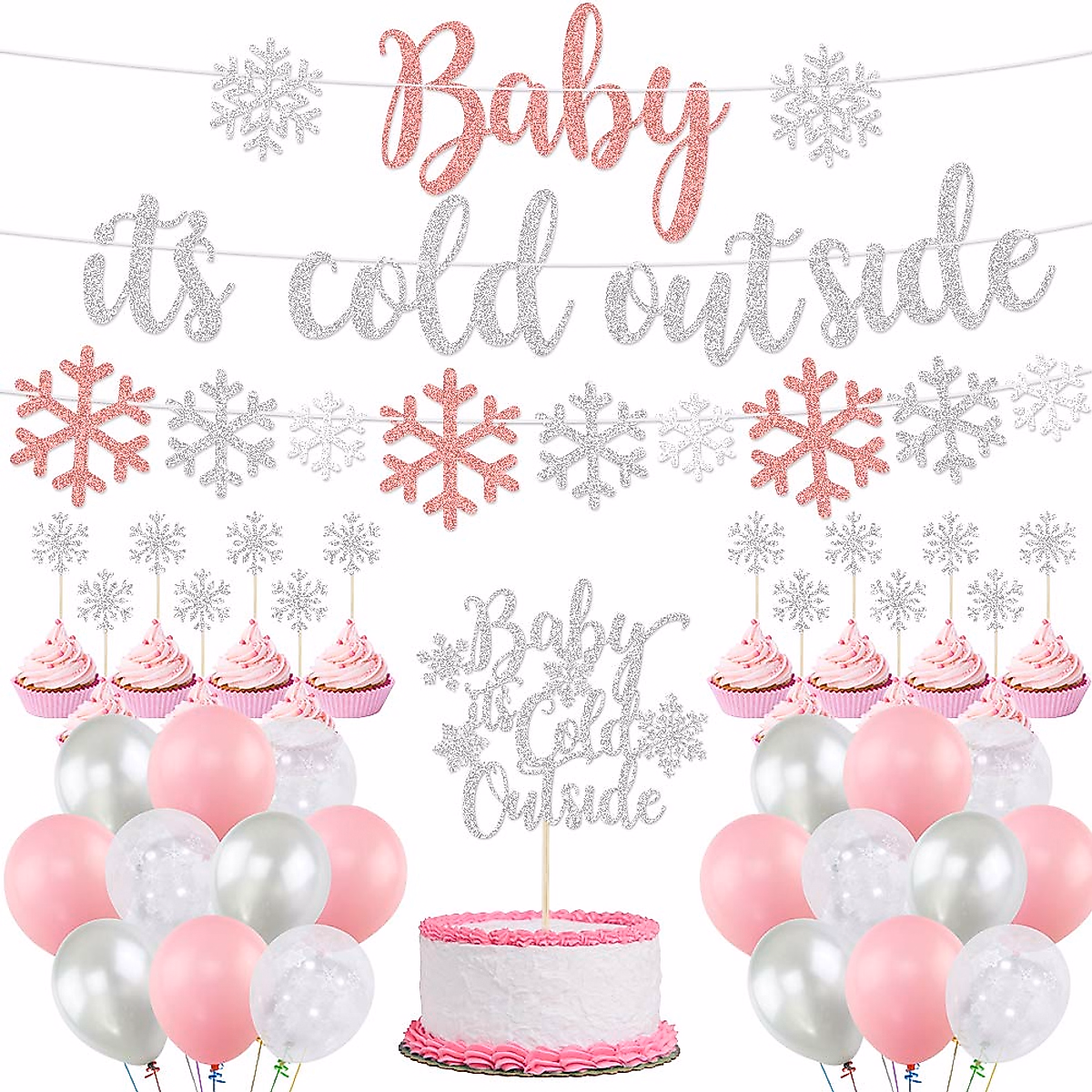 Baby It’s Cold Outside Party Decorations, Banner, Snowflake Balloons, Garland for Winter Wonderland Baby Shower, Christmas, Winter Birthday Party Supplies, Silver (Pink)