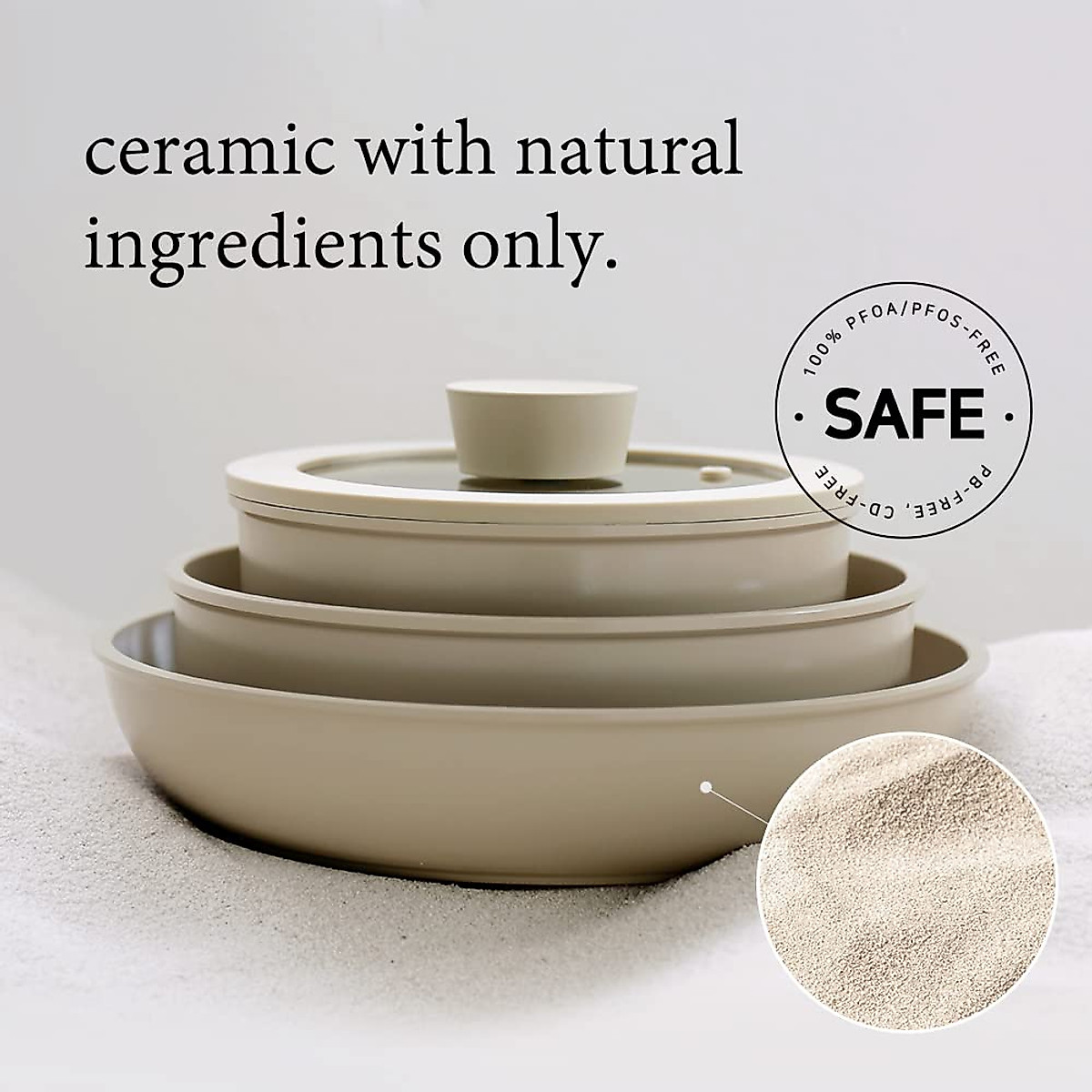 dogado Organic Cookware Set, Nonstick Ceramic 6 Piece, Stackable Pots and Pan, Detachable Removable Handle (Sand Beige)