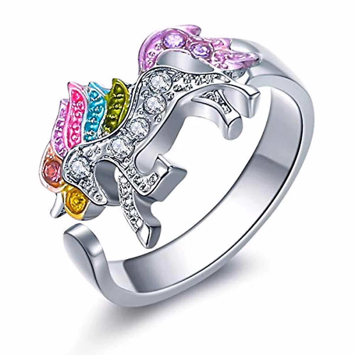 ALoveSoul Adjustable Silver Tone Little Princess Rainbow Unicorn Ring for Women Ladies Fashion Rings Gifts for Women