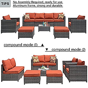 XIZZI Patio Furniture Set, No Assembly 9 PCS Big Size Outdoor Sectional Sofa All Weather PE Rattan Wicker Outdoor Furniture with 2 Pillows,Grey Wicker Orange Red