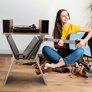 M MUSIC PUBLIC KINGDOM Record Player Stand with Record Storage Shelf, Solid Wood Turntable Stand, Light Wood
