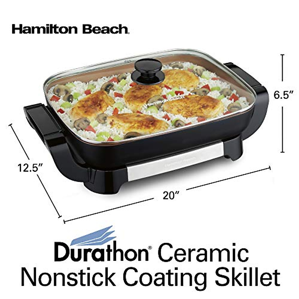 Hamilton Beach Durathon Ceramic Electric Skillet with Removable 12x15” Pan, Adjustable Temperature, Reversible Design, Tempered Glass Lid (38529K)